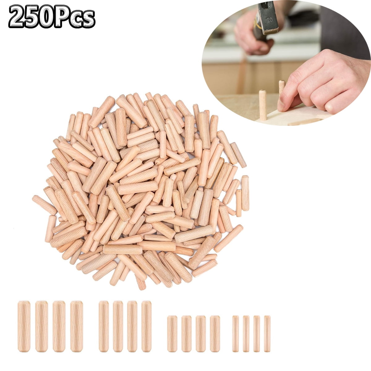 Tutuviw 250 Pcs 3 Sizes Wooden Dowel Pins with Tapered End with Bevel Angle, Groove Wood Peg ...