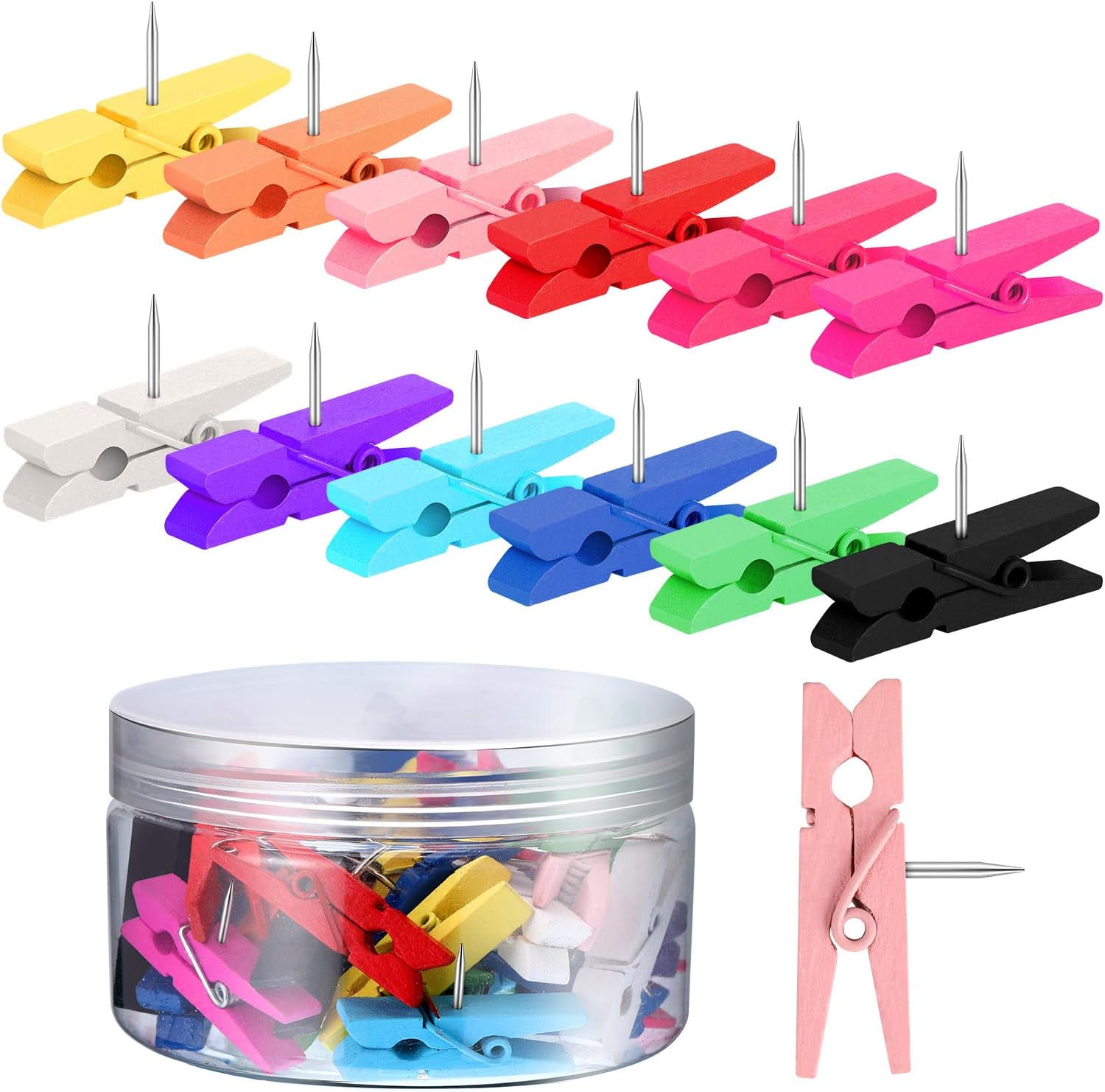 Tutuviw 50 PCS Colorful Push Pin with Wooden Clips Durable Wooden Push ...