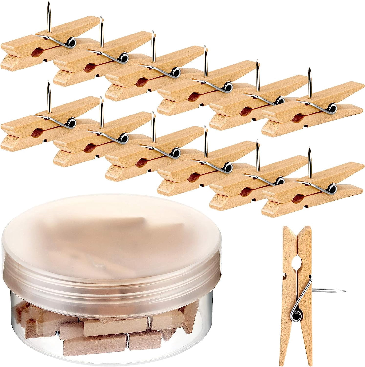 Tutuviw 50 Pieces Push Pins with Wooden Clips Pushpins Tacks Thumbtacks ...