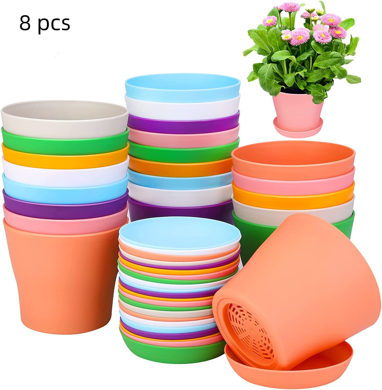 Tutuviw 8 Pack 4.8 inch Plastic Planters, Assorted Pots with Tray ...