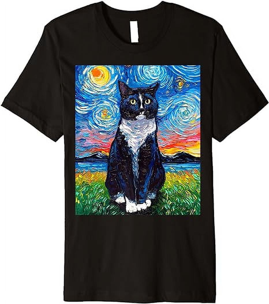 Tuxedo Black and White Cat Starry Night Art by Aja Premium T-Shirt ...