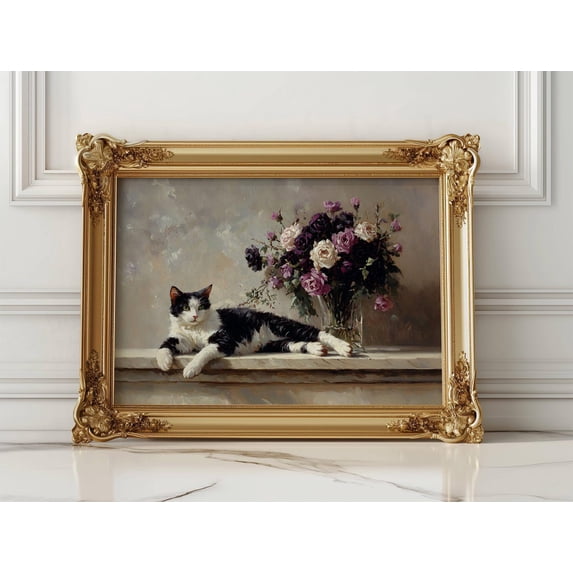 Tuxedo Cat And Roses Art Print, Floral Cat Wall Decor, Romantic ...