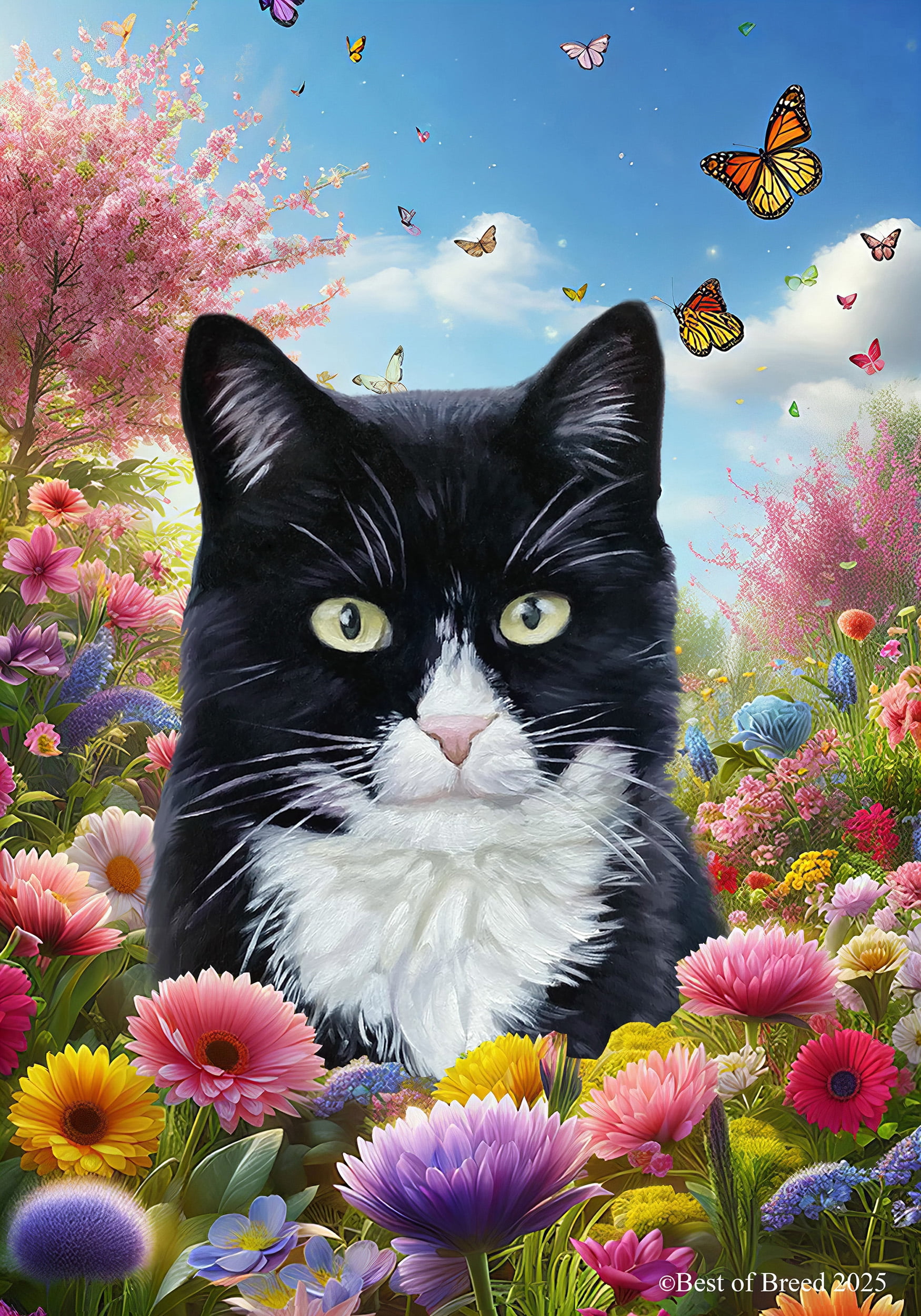 Tuxedo Cat - Best of Breed Spring Butterfly Outdoor House Flag 28" x 40 ...