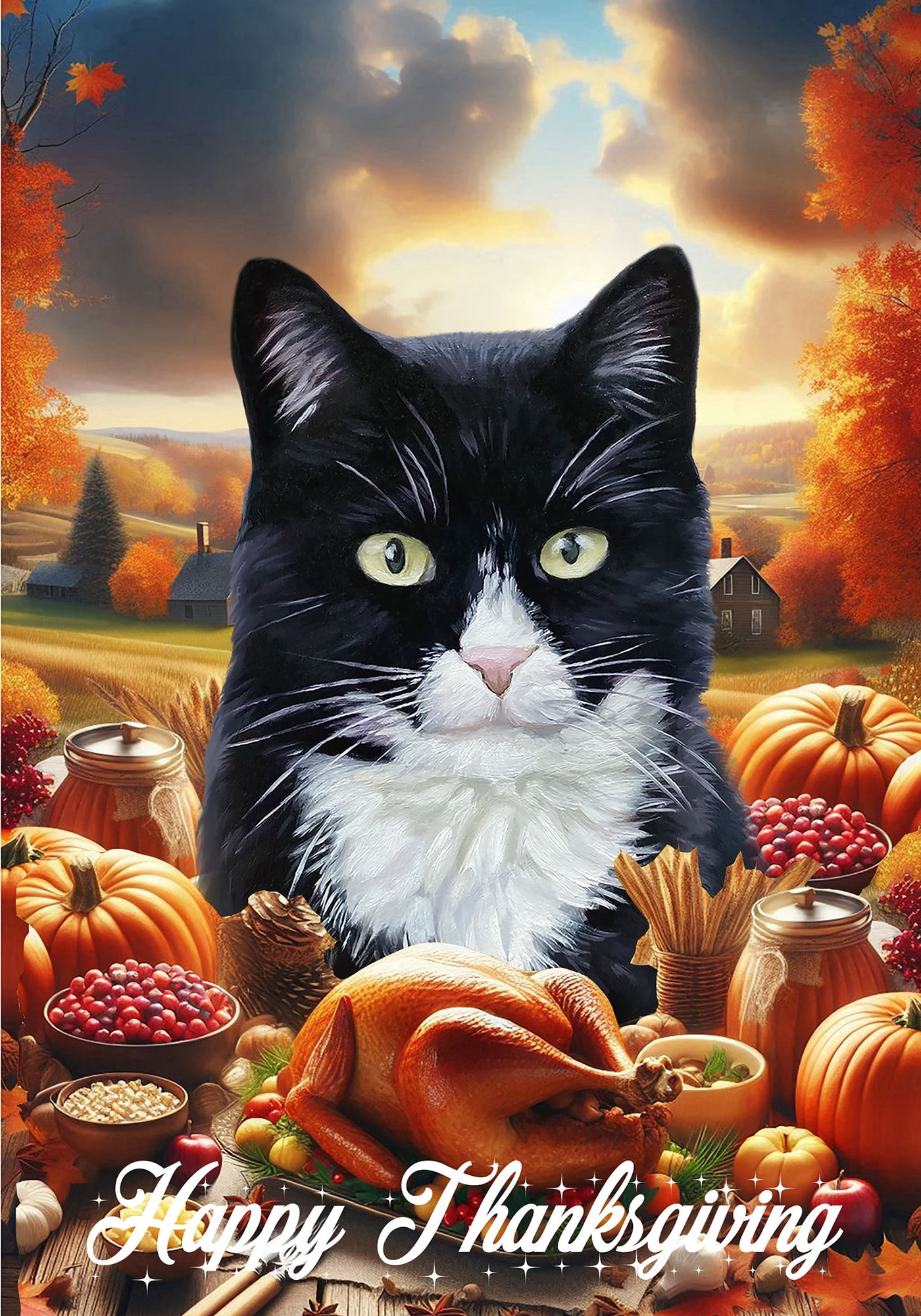 Tuxedo Cat - Best of Breed Thanksgiving Outdoor House Flag 28" x 40 ...
