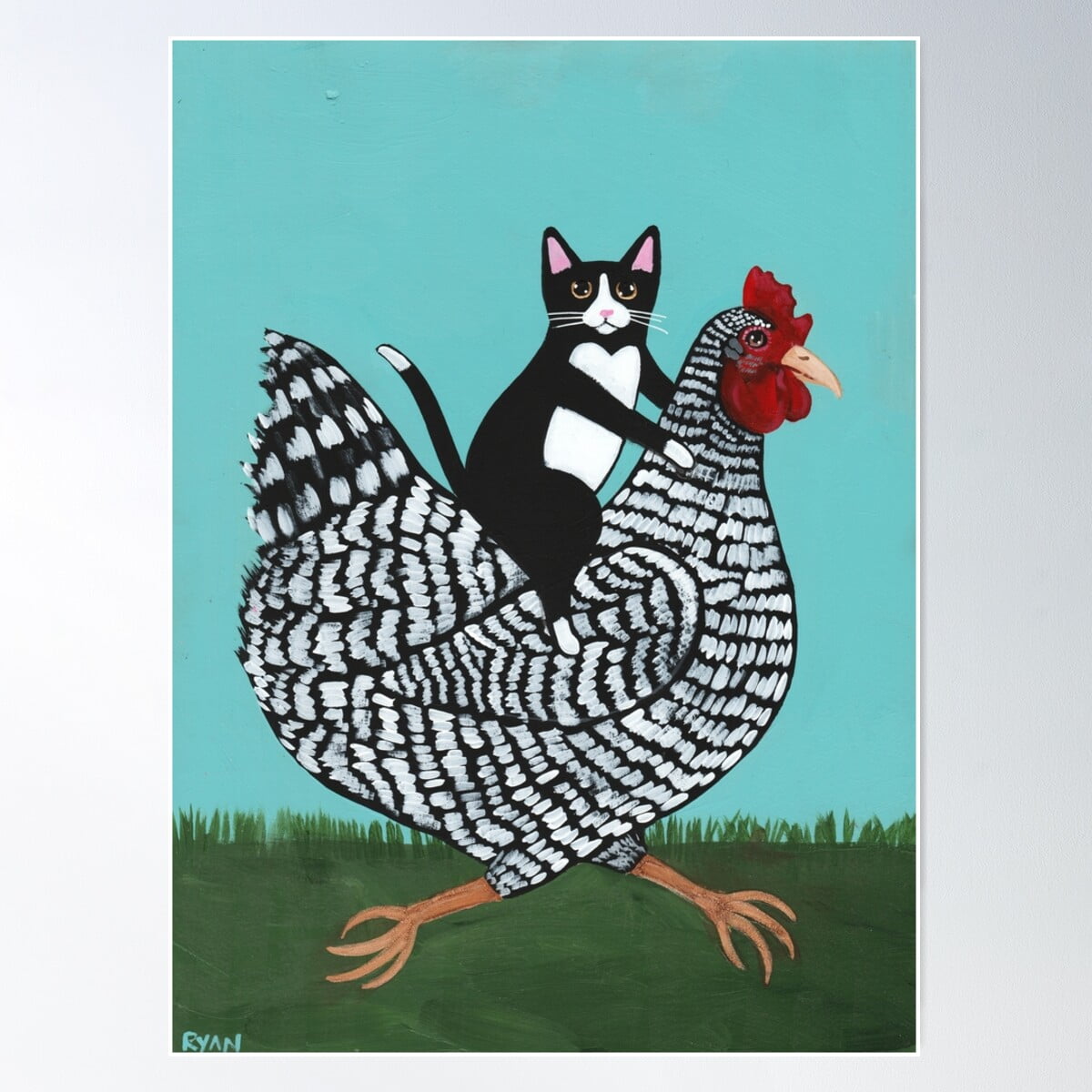 Tuxedo Cat Chicken Ride Poster Wall Art, Modern Wall Decor For Living ...