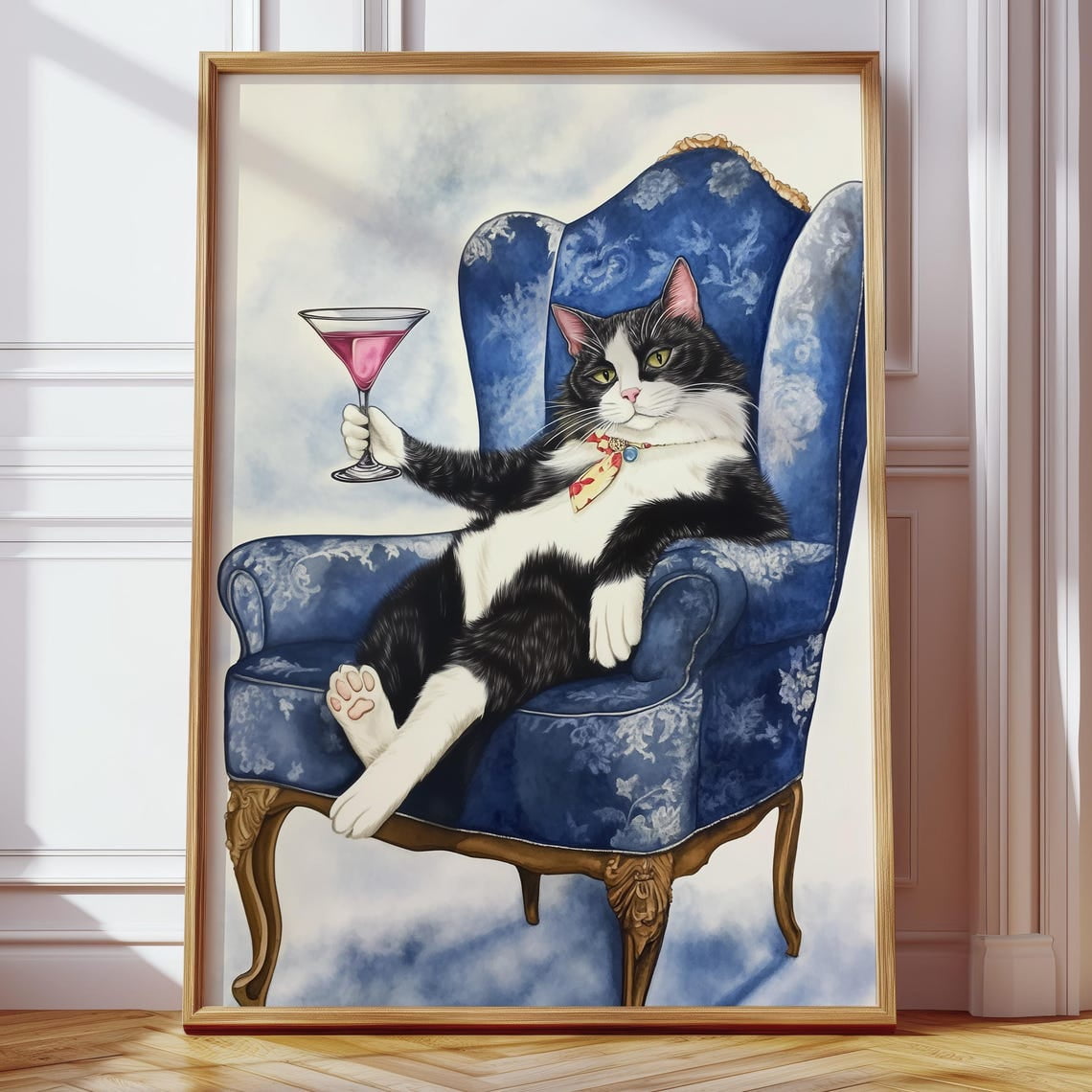 Tuxedo Cat With Martini Art Print, Cat Alcohol Decor, Cat Painting ...