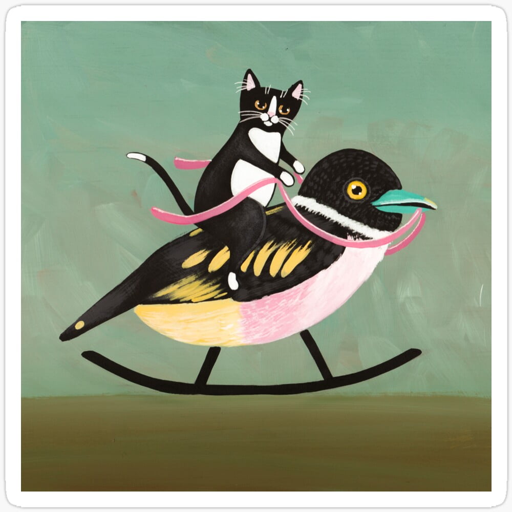 Tuxedo Cat On A Rocking Black-And-Yellow Broadbill. Sticker Phone Decal ...