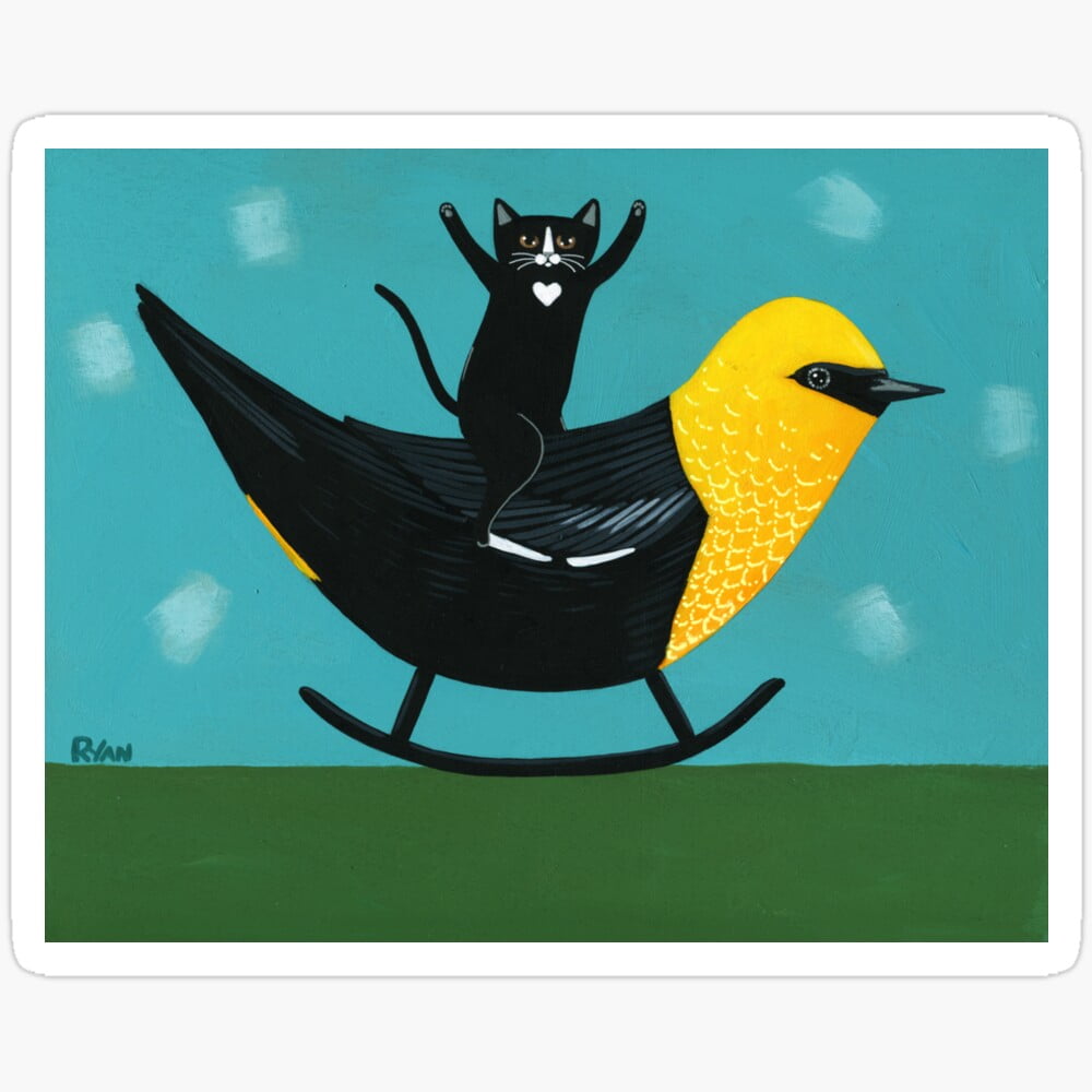 Tuxedo Cat On A Yellow Headed Blackbird Sticker Phone Decal Water ...