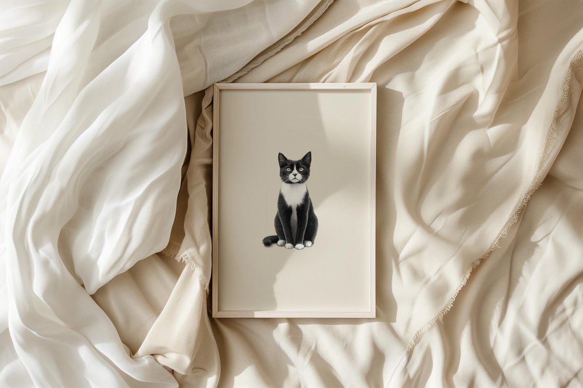Tuxedo Cat Pencil Drawing Art Poster: Pet Portrait, Unframed Canvas ...