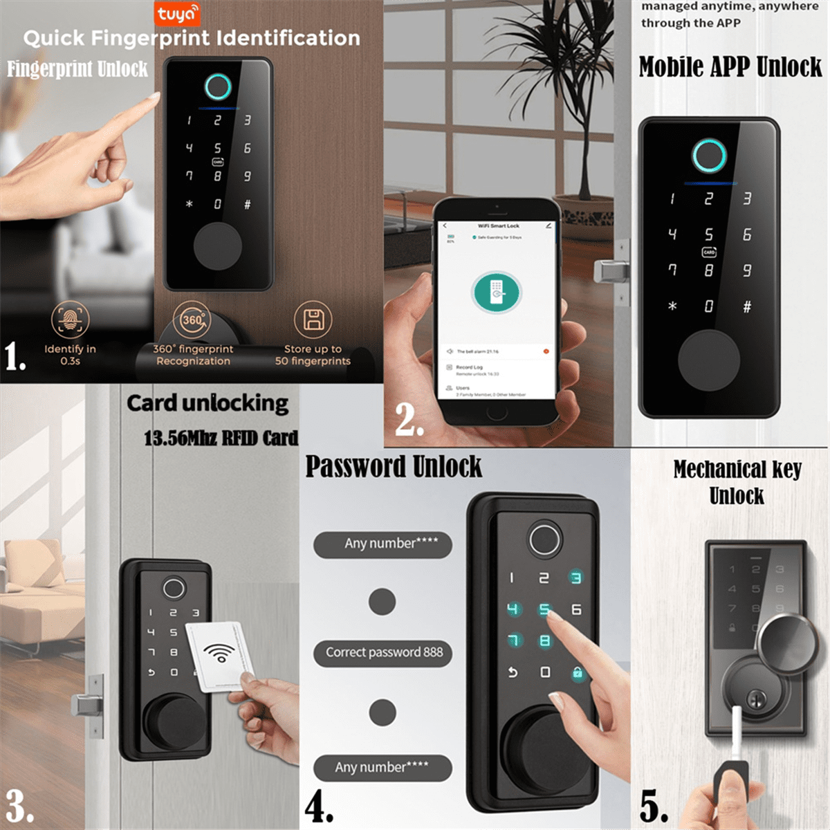 Tuya App Remote Control Smart Door Lock Deadbolt with Keys Fingerprint ...