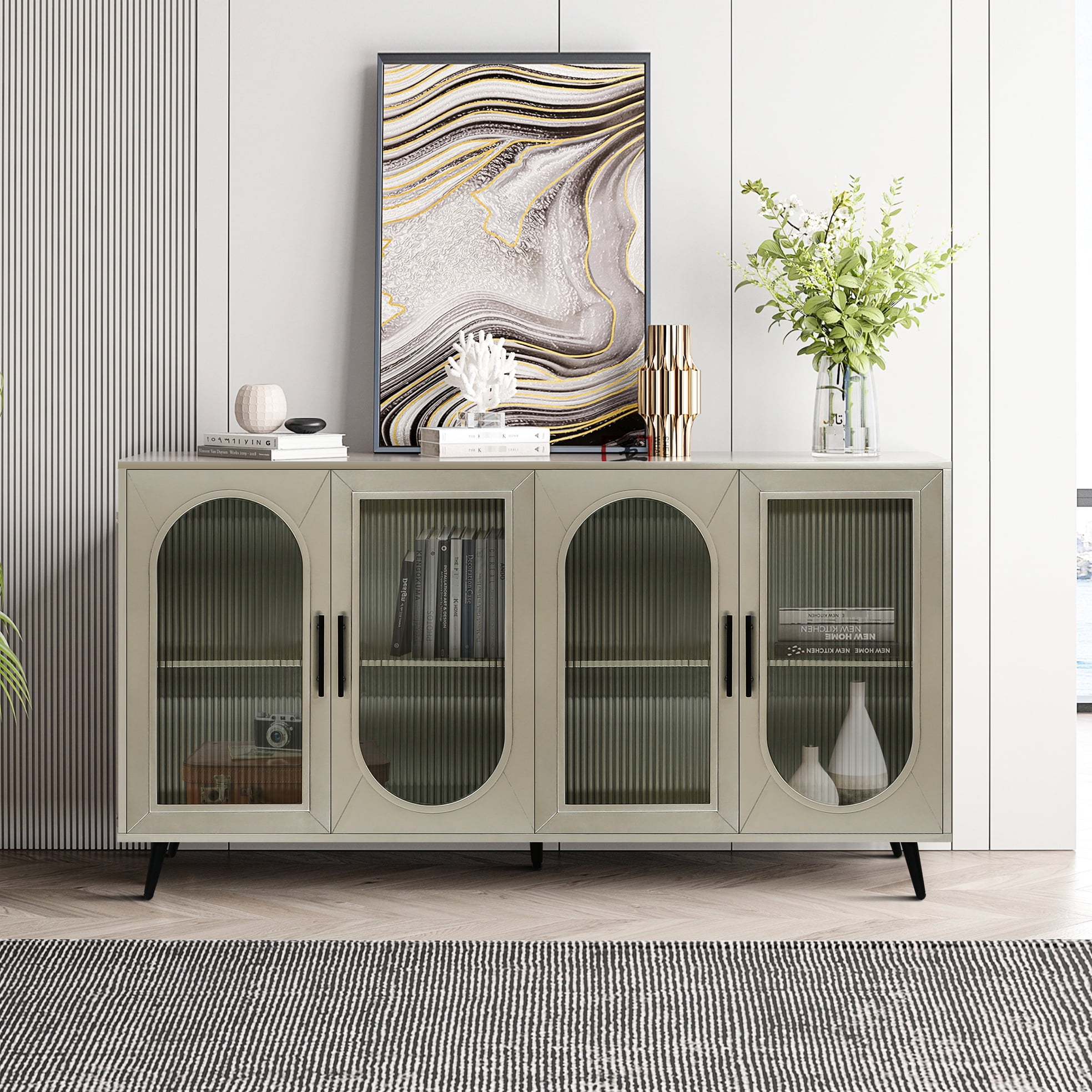 Tv Console For 65+ Inch - Wood Storage Cabinet In Classic Style Gold ...