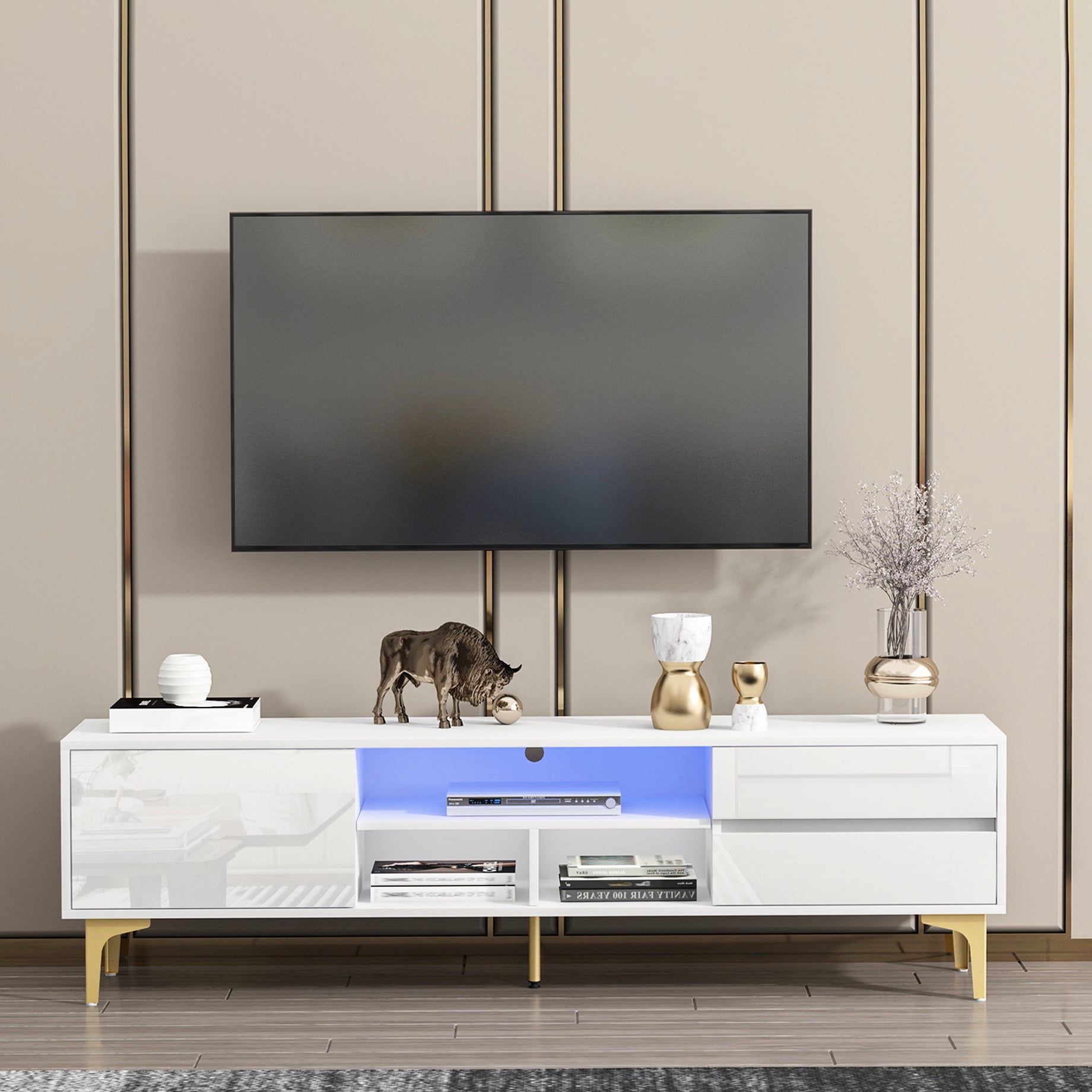 Tv Console With Remote Controlled Led Lights, Matte White & Bloom ...