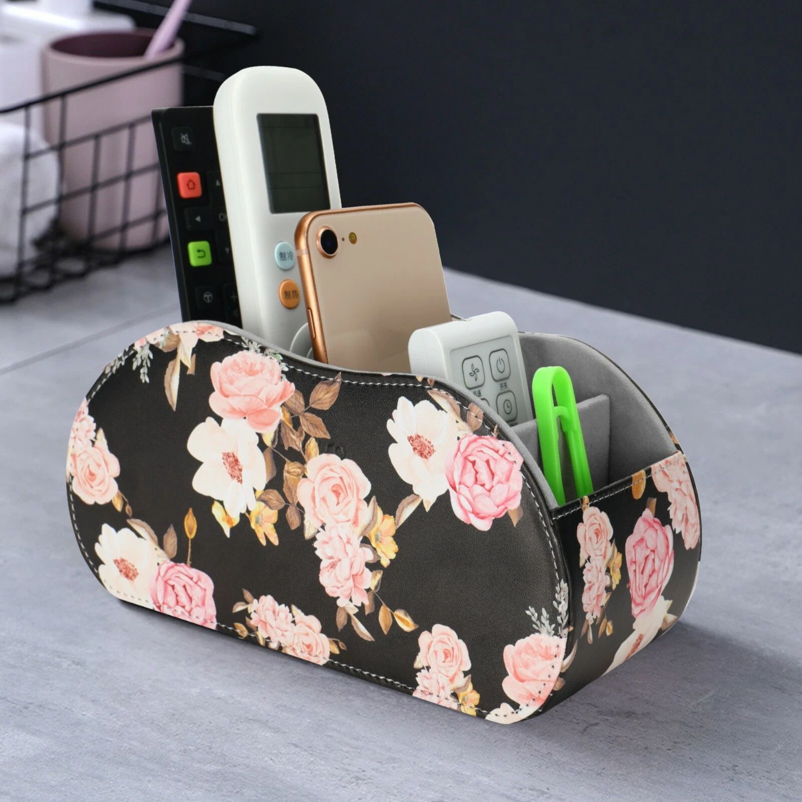 Tv Remote Control Holder Curved Pu Leather Office Supplies Desktop ...