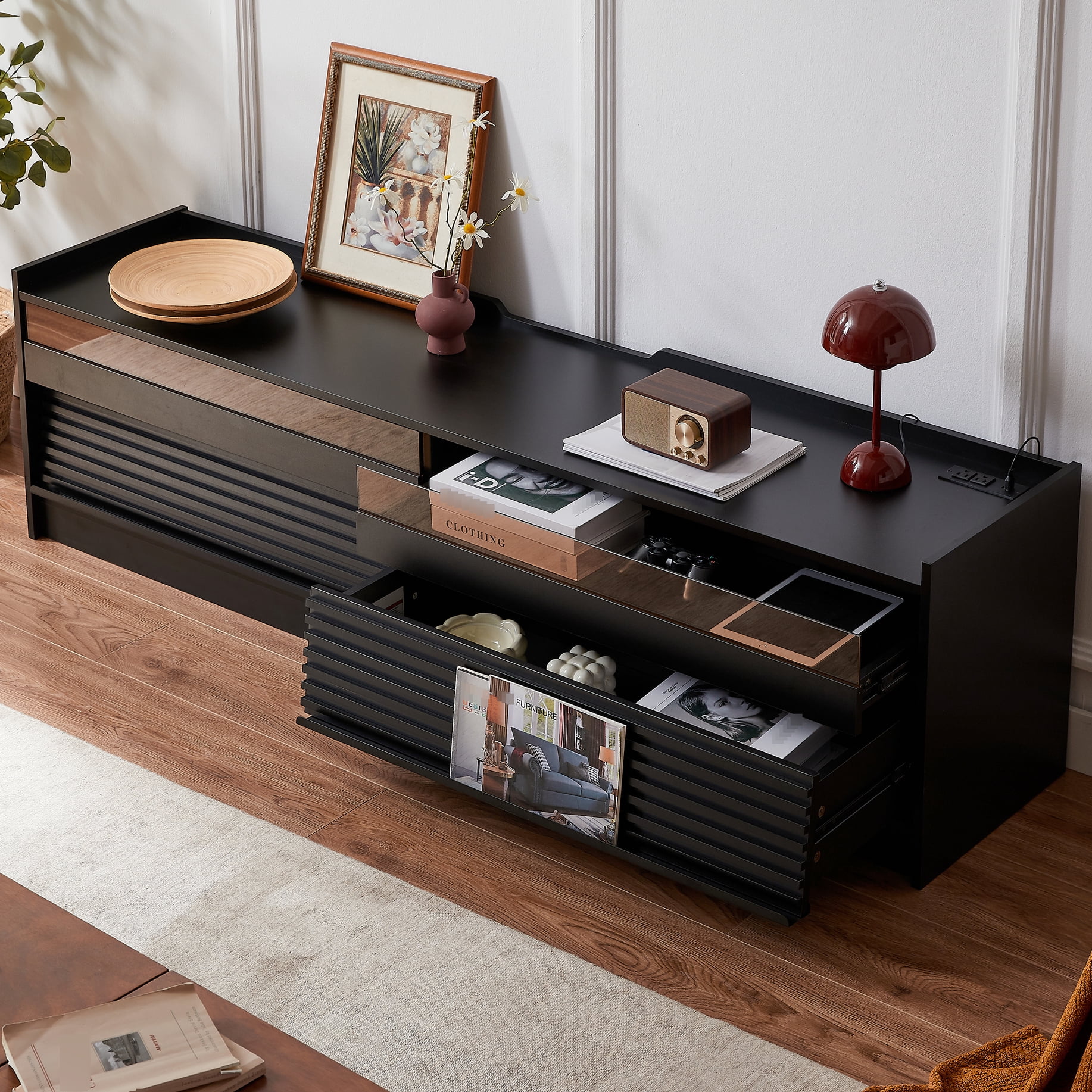 Tv Stand With 4 Expansive Drawer Spaces, Tempered Glass, Charging ...