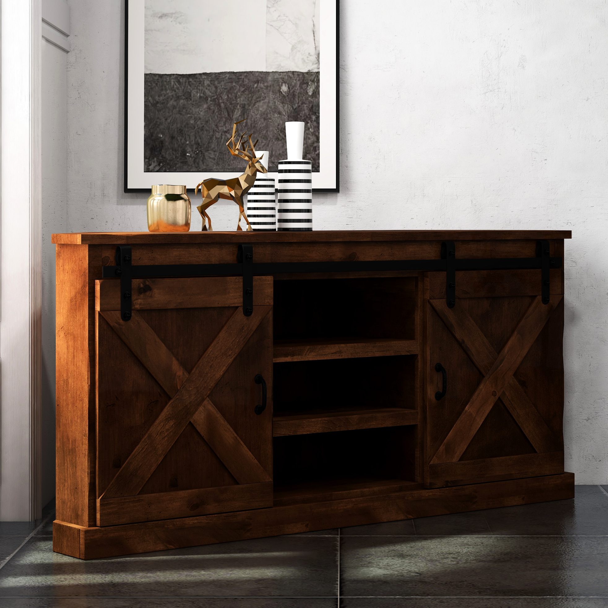 Tv Stand 66 Inch , 80" Fit, Aged Whiskey, No Assembly, 5 Fixed Shelves ...