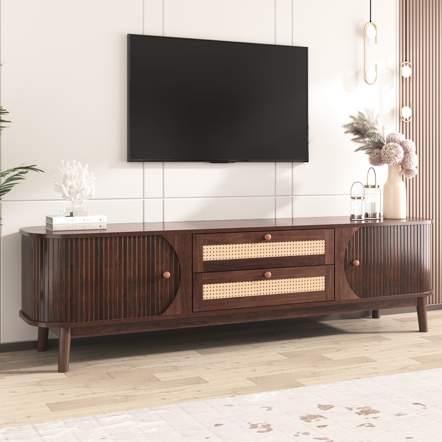 Tv Stand With Solid Wood Legs And Beautiful Interwoven Drawers For 75 ...