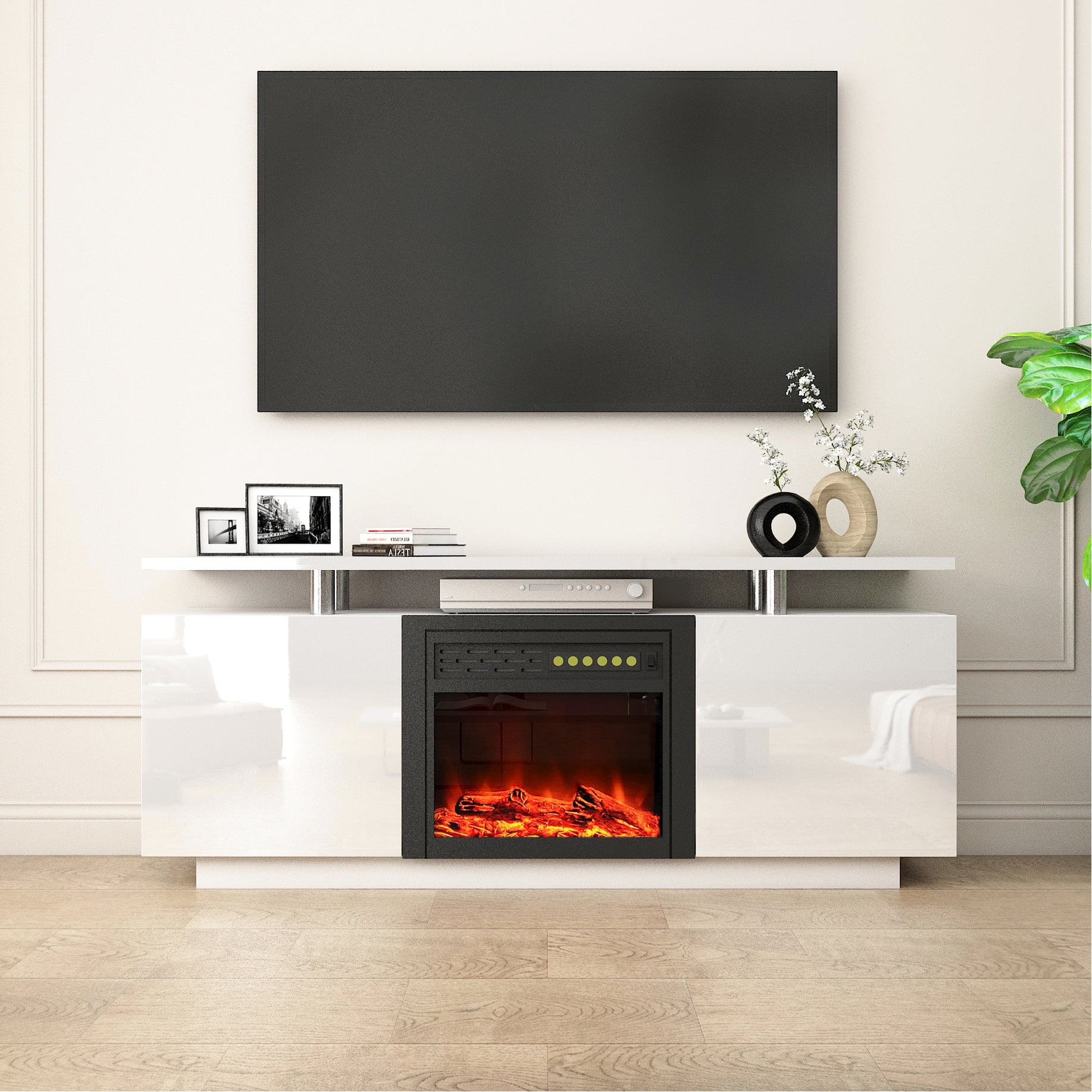 Tv Unit With Fireplace 160cm High Gloss - 9 Color Flame & Log Settings ...