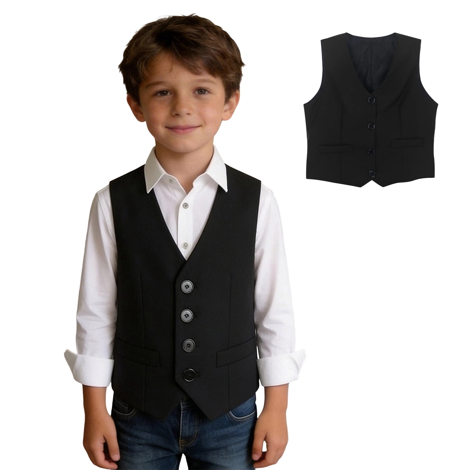 Tween Boy's 4 Button Formal Suit Vest Black Dress Waistcoat Vest ...