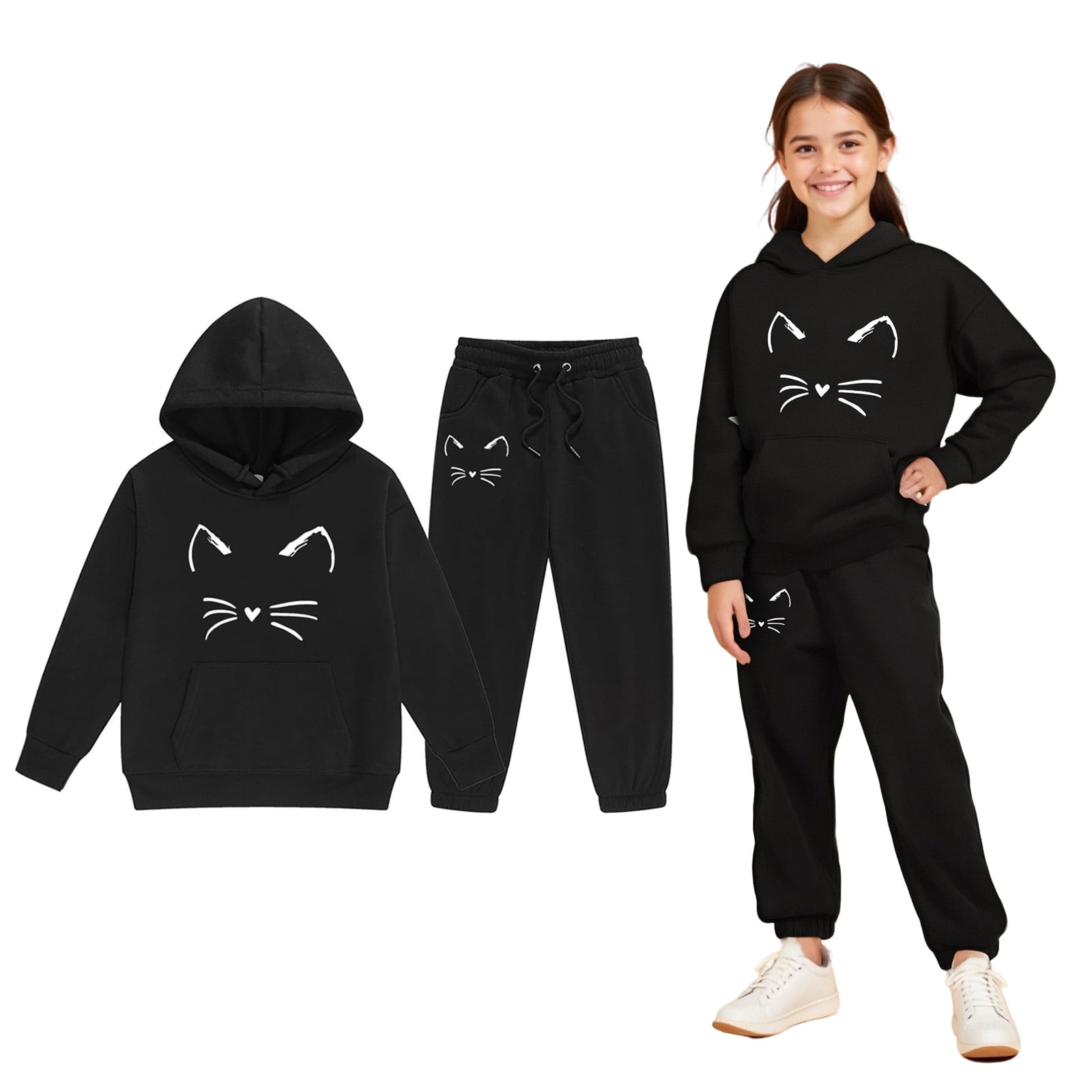 Tween Boys Girls Active Sweatsuit 2 Piece Long Sleeve Black Hoodie ...
