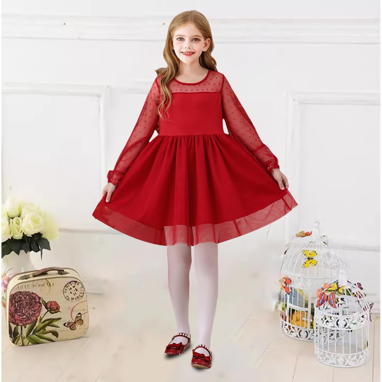 Tween Dresses Girls Contrast Mesh Long Sleeve High Waist A Line Short ...