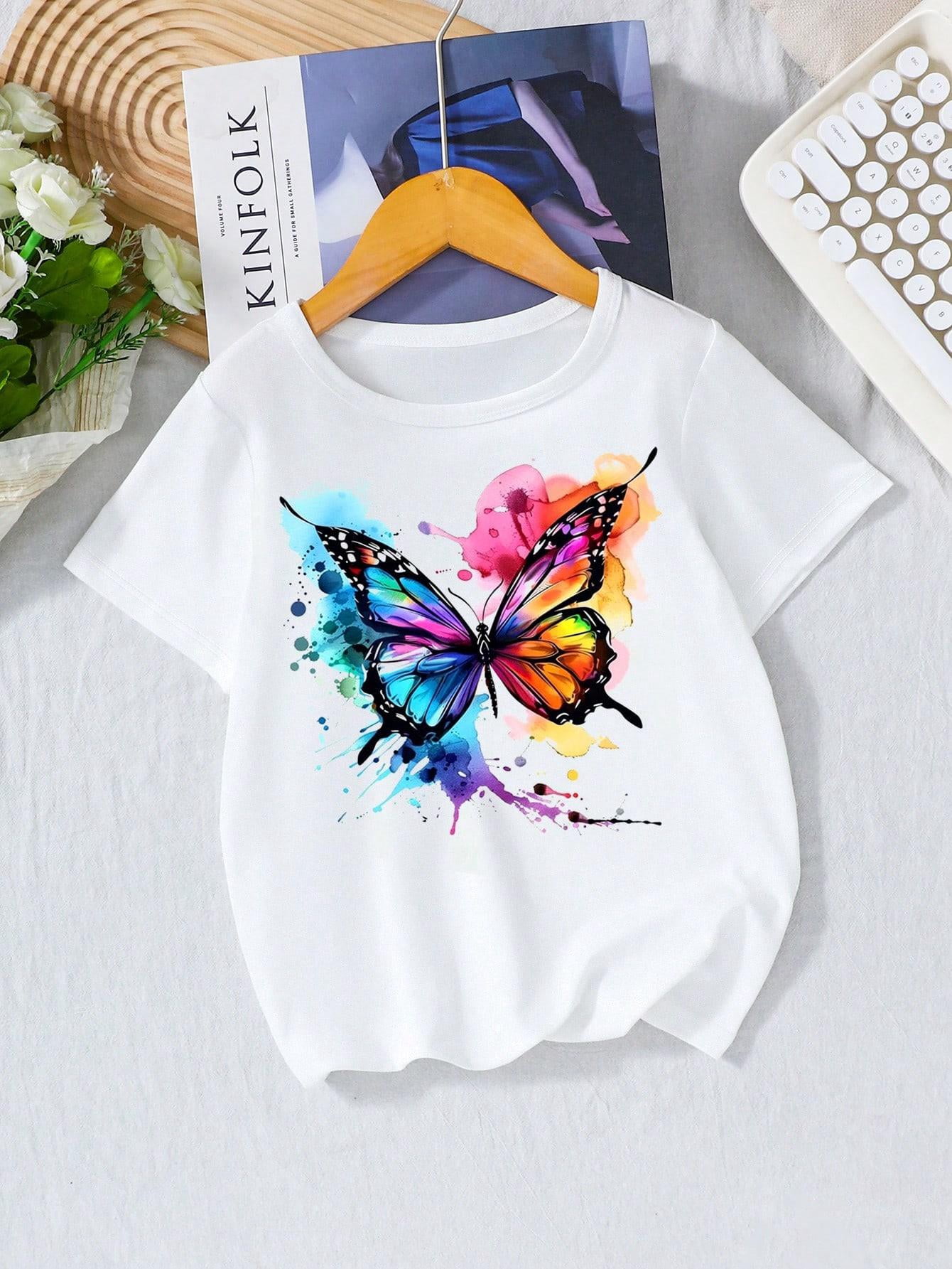 Tween Girl Butterfly Print Round Neck Short Sleeve T-Shirt, Machine ...