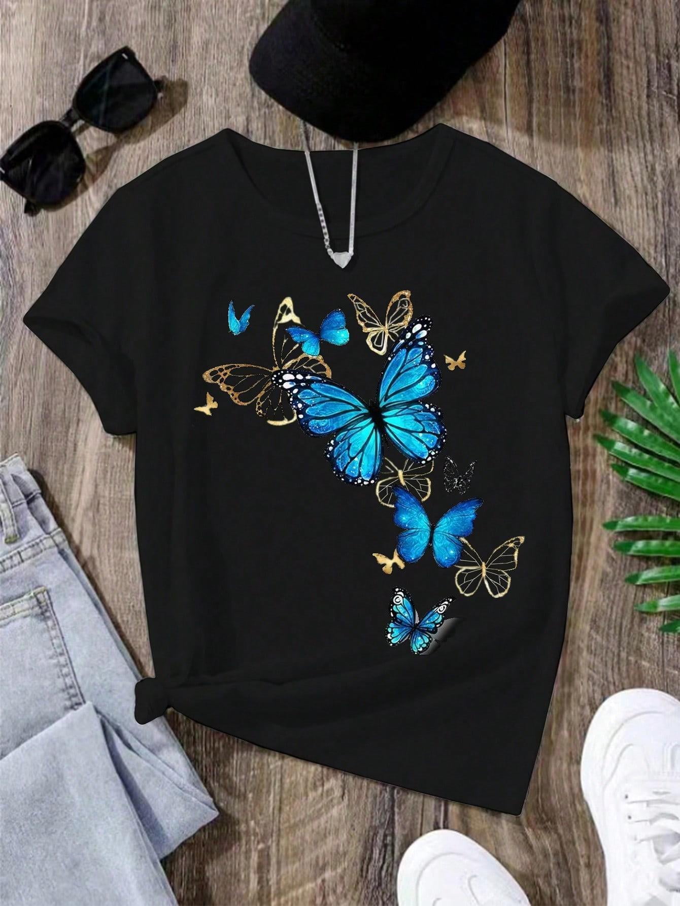 Tween Girl Butterfly Print Round Neck Short Sleeve T-Shirt, Machine ...