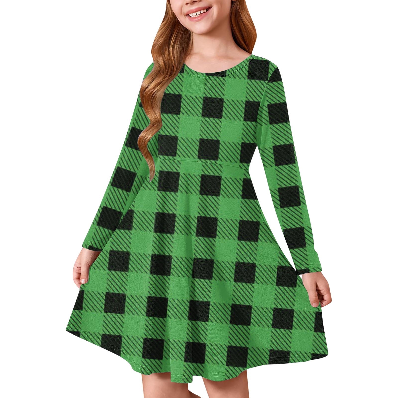 Tween Girl Dress Long Sleeve Crewneck Plaid Summer Dresses Midi Flowy ...