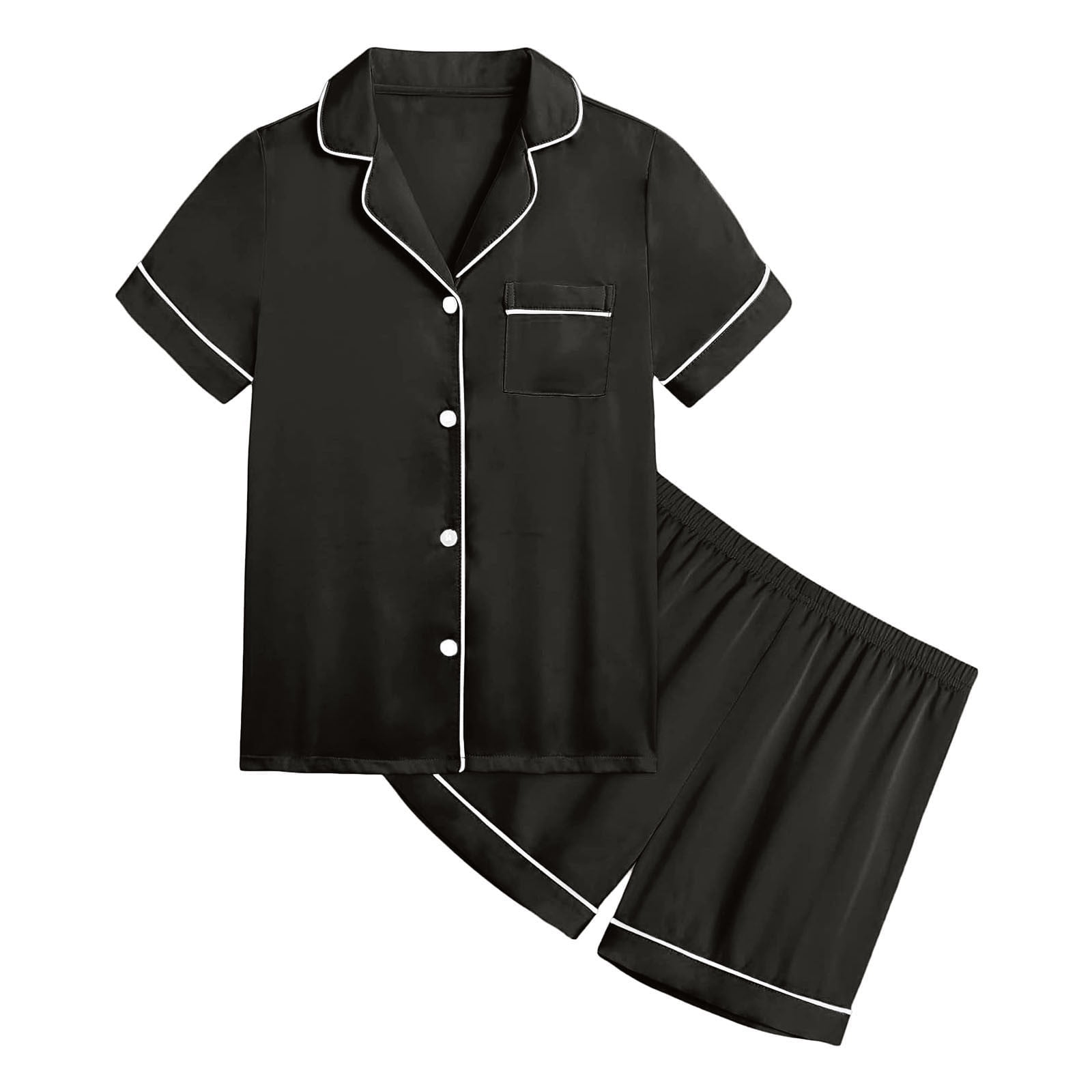 Tween Girl Satin Pajamas Set Button Down Solid Tops T Shirt Shorts Silk ...