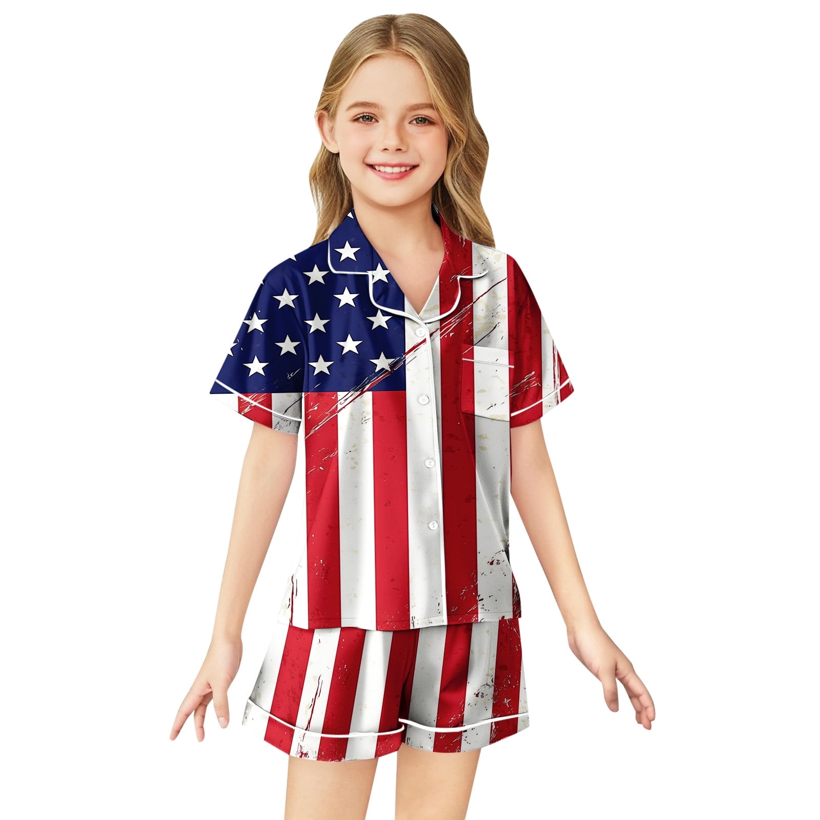 Tween Girl Silk Pajamas Set 4th Of July Button Down Homewear Set Girls ...