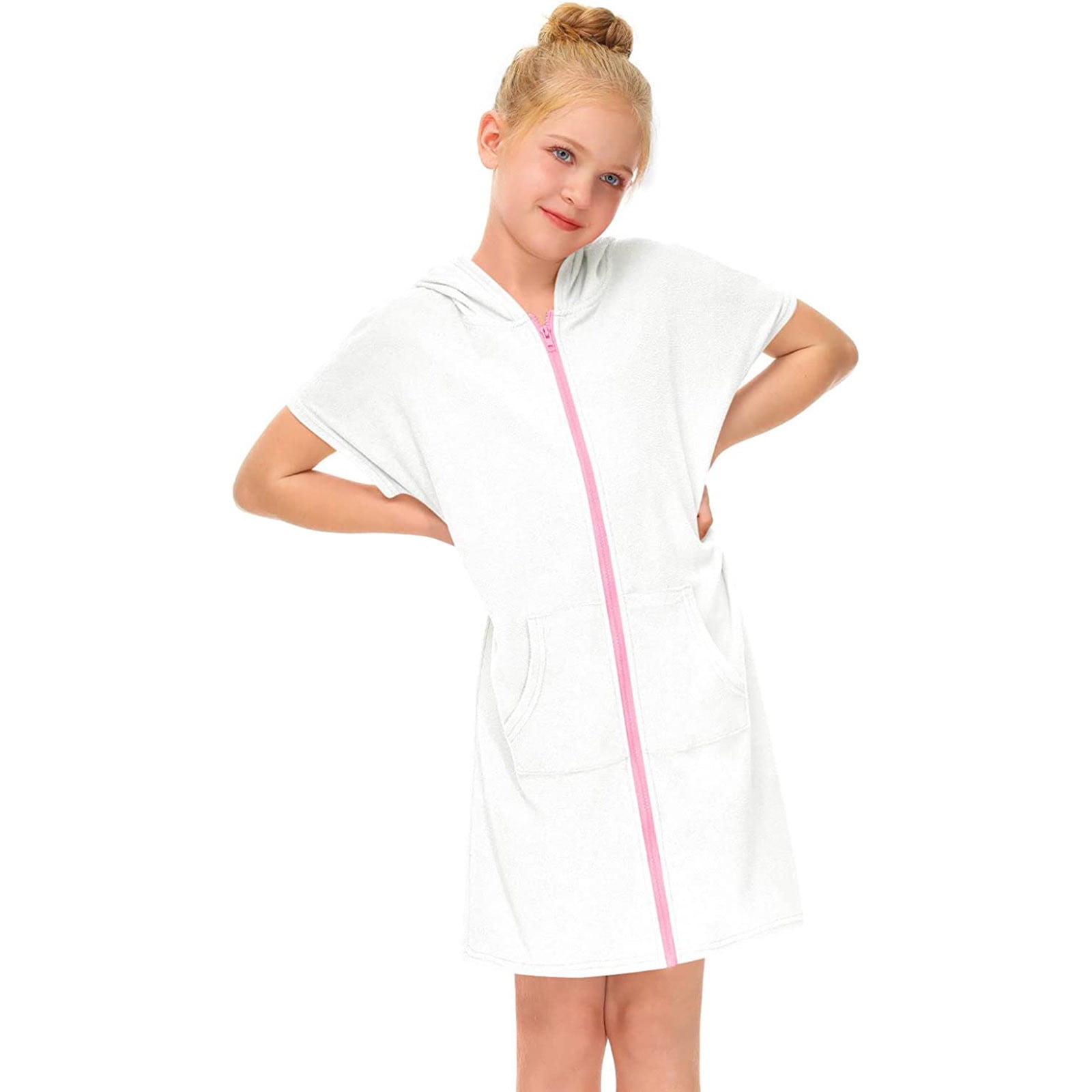 Tween Girl's Swim Cover Up Hooded Zip Up Bathrobe With Pockets Short ...