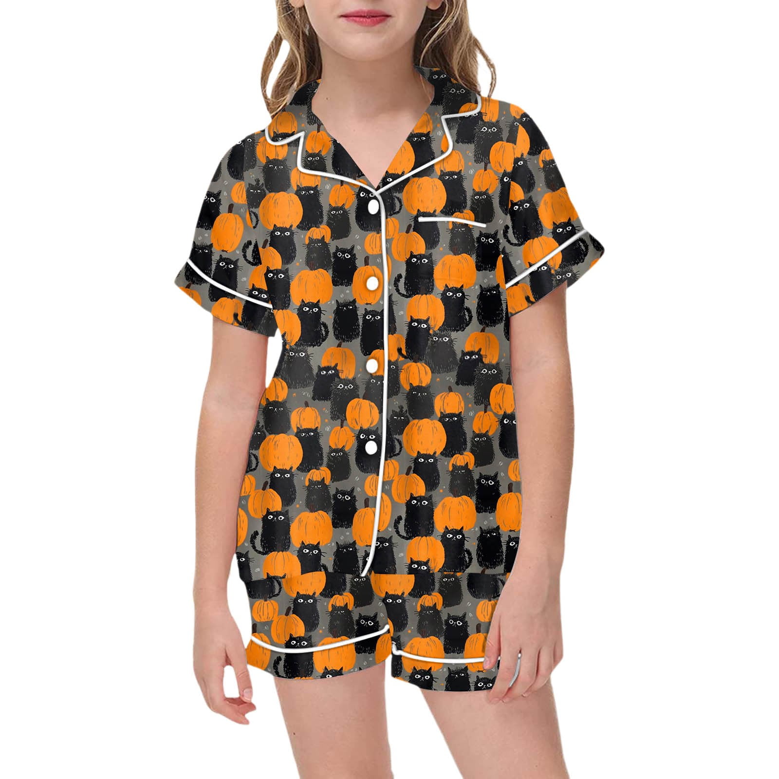 Tween Girls Halloween Pajama Set 2 Piece Cute Button Up Top Shorts Soft ...