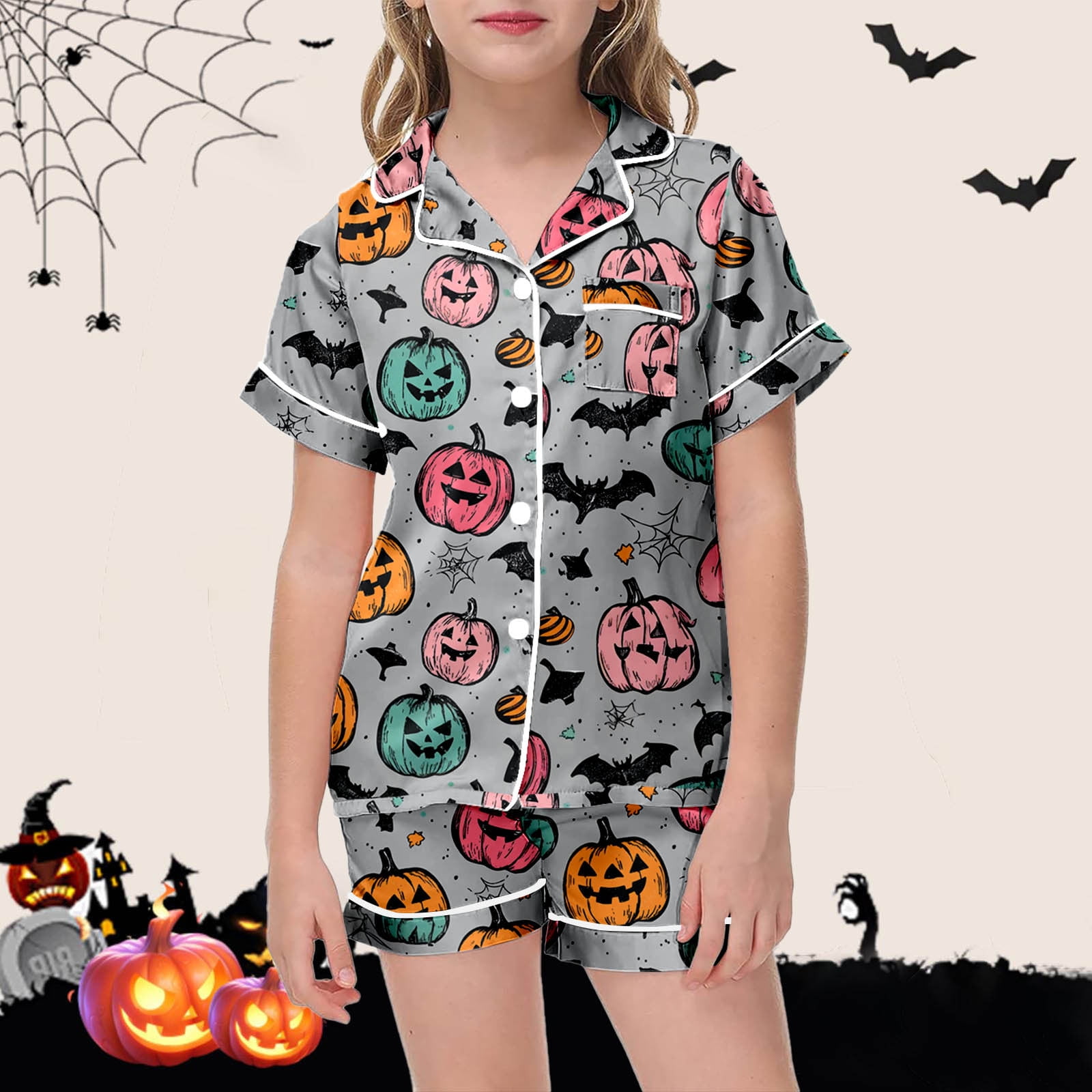 Tween Girls Halloween Pajamas Set Pumpkin Ghost Bat Print Satin Pajamas ...