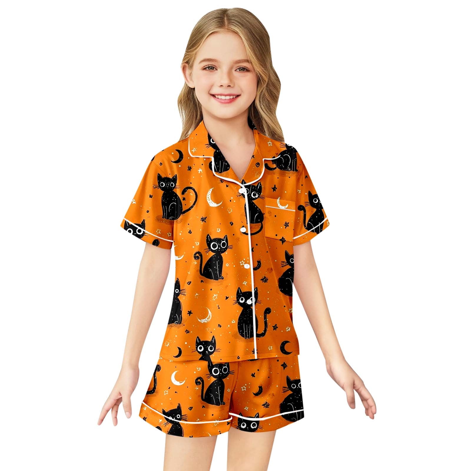 Tween Girls Halloween Pajamas Set Pumpkin Ghost Bat Print Silk Pajamas Girls Short Sleeve Button ...