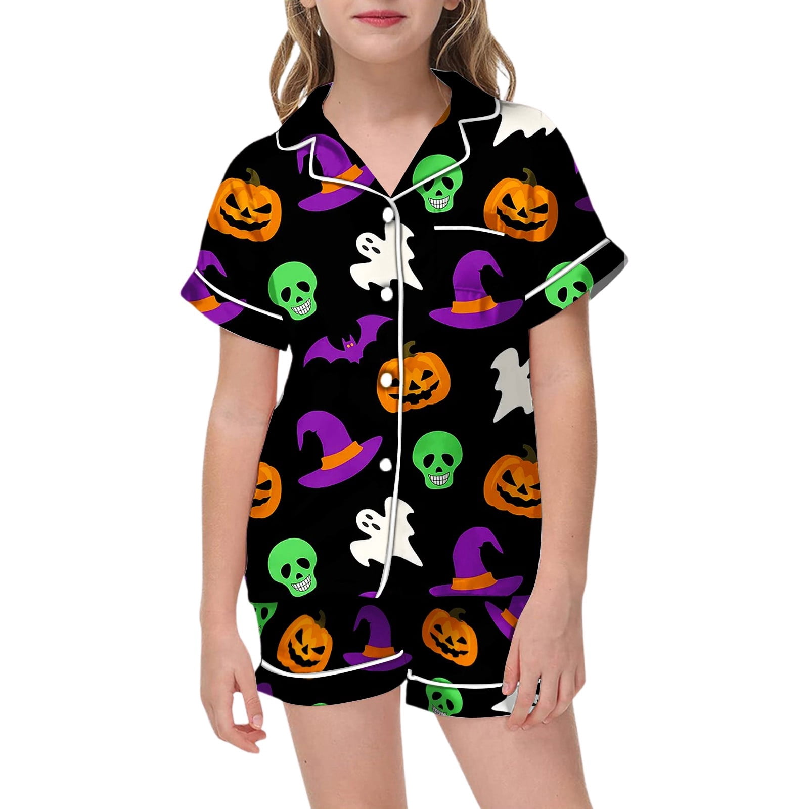 Tween Girls Halloween Pajamas Set Pumpkin Ghost Print Satin Pajamas For ...