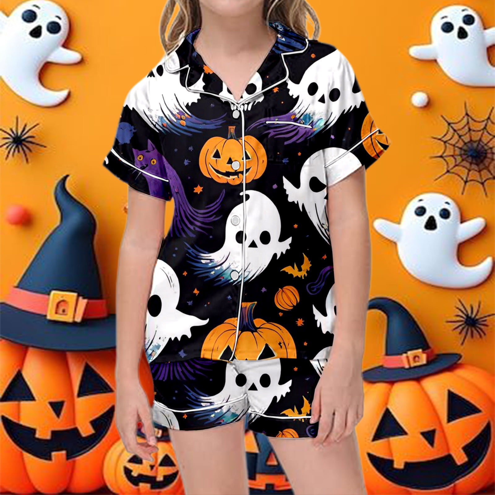 Tween Girls Halloween Pajamas Set Pumpkin Ghost Print Silk Pajamas For ...