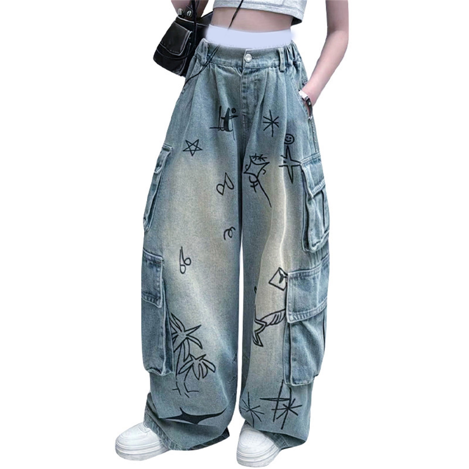 Tween Girls Jeans Distressed Elastic Waist Baggy Denim Wide Leg Pants ...