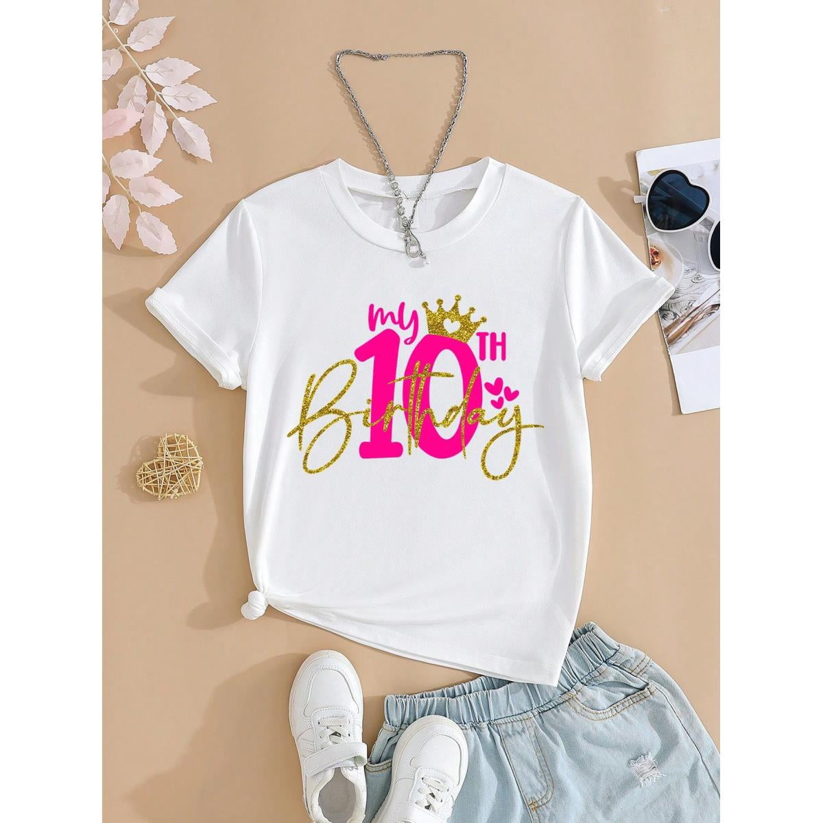 Tween Girls' "My 10th Birthday" 3D Sequin Crown Print Crew Neck Short ...