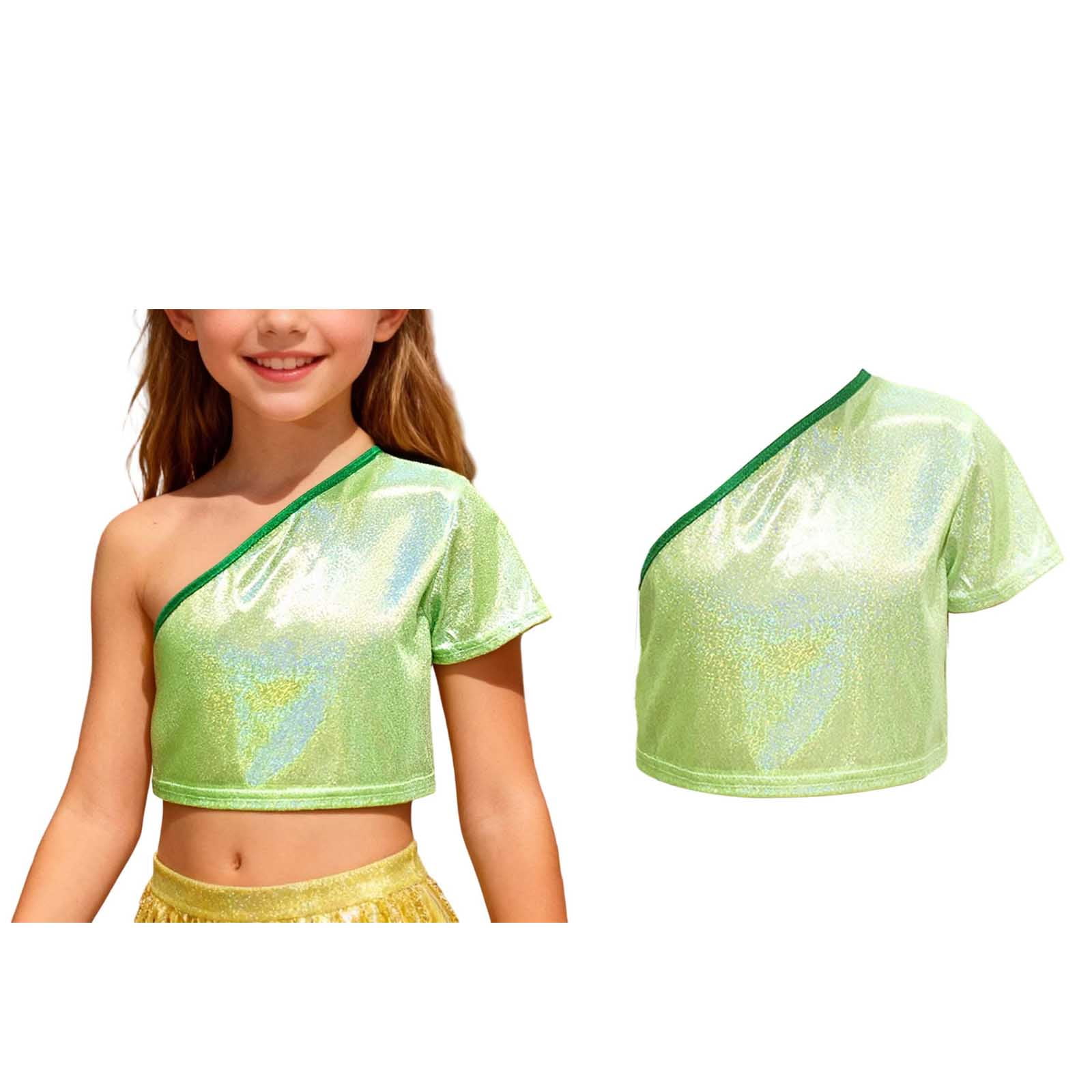Tween Girls One-Shoulder Cropped Top Metallic Sparkle Shiny Dance Top T ...