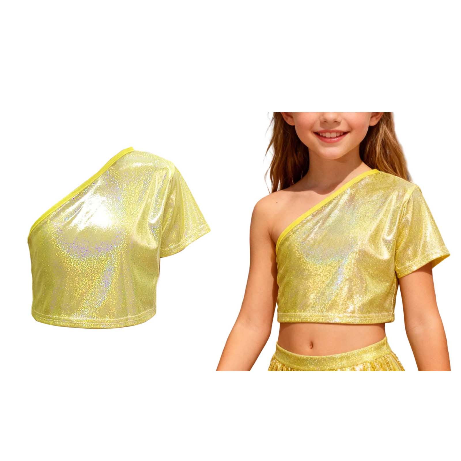 Tween Girls One-Shoulder Cropped Top Metallic Sparkle Y2K Top Belly Hop ...