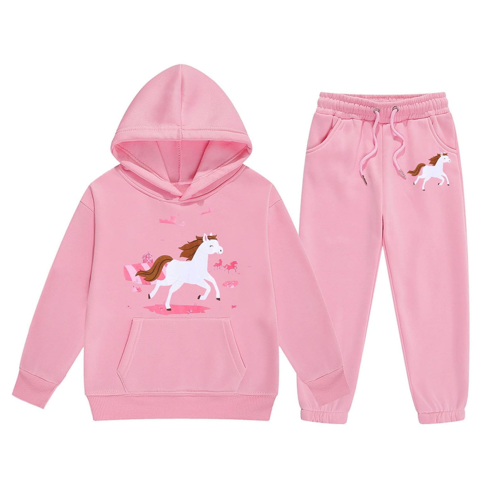 Tween Girls Outfits Sets Winter Cartoon Horse Print Hooded Sweatshirt ...