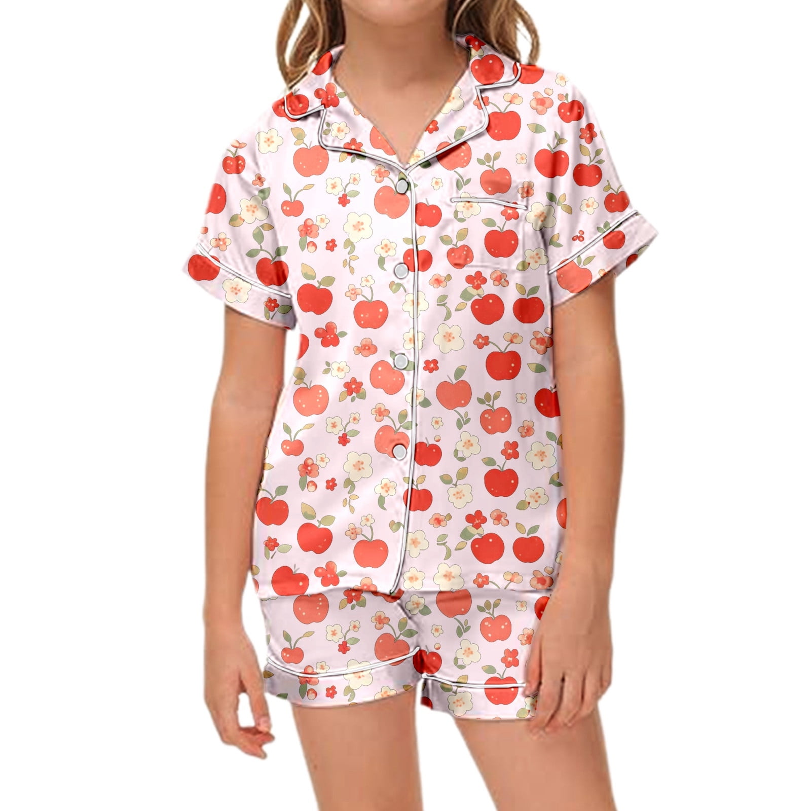 Tween Girls Pajama Set Fruit Print 2 Piece Set Short Sleeve Button Down ...