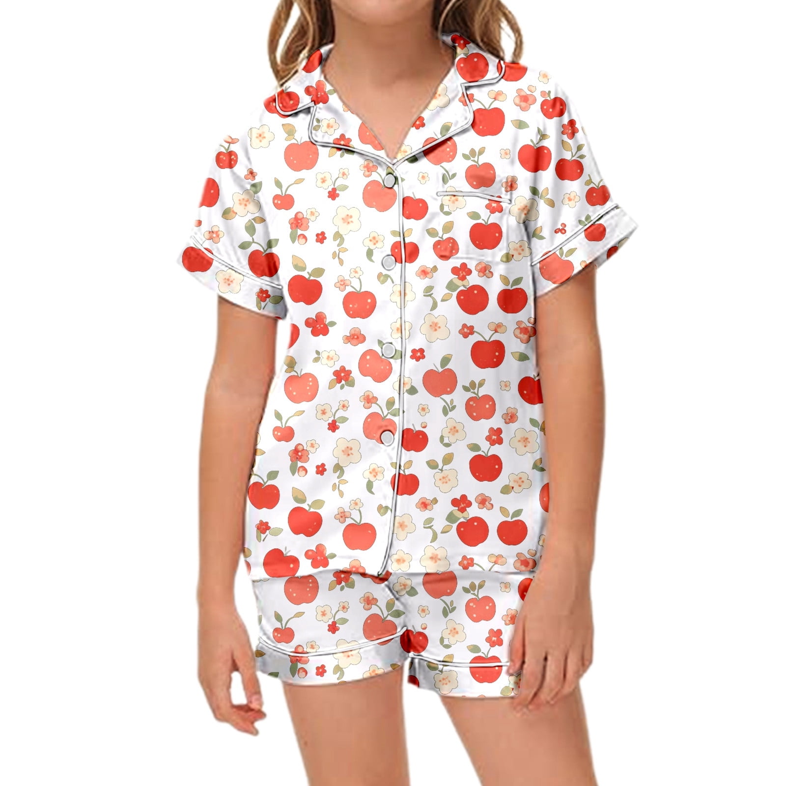Tween Girls Pajama Set Fruit Print 2 Piece Short Sleeve Button-Down ...
