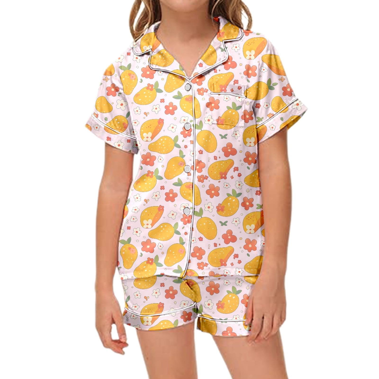 Tween Girls Pajama Set Fruit Print 2 Piece Short Sleeve Button Down ...