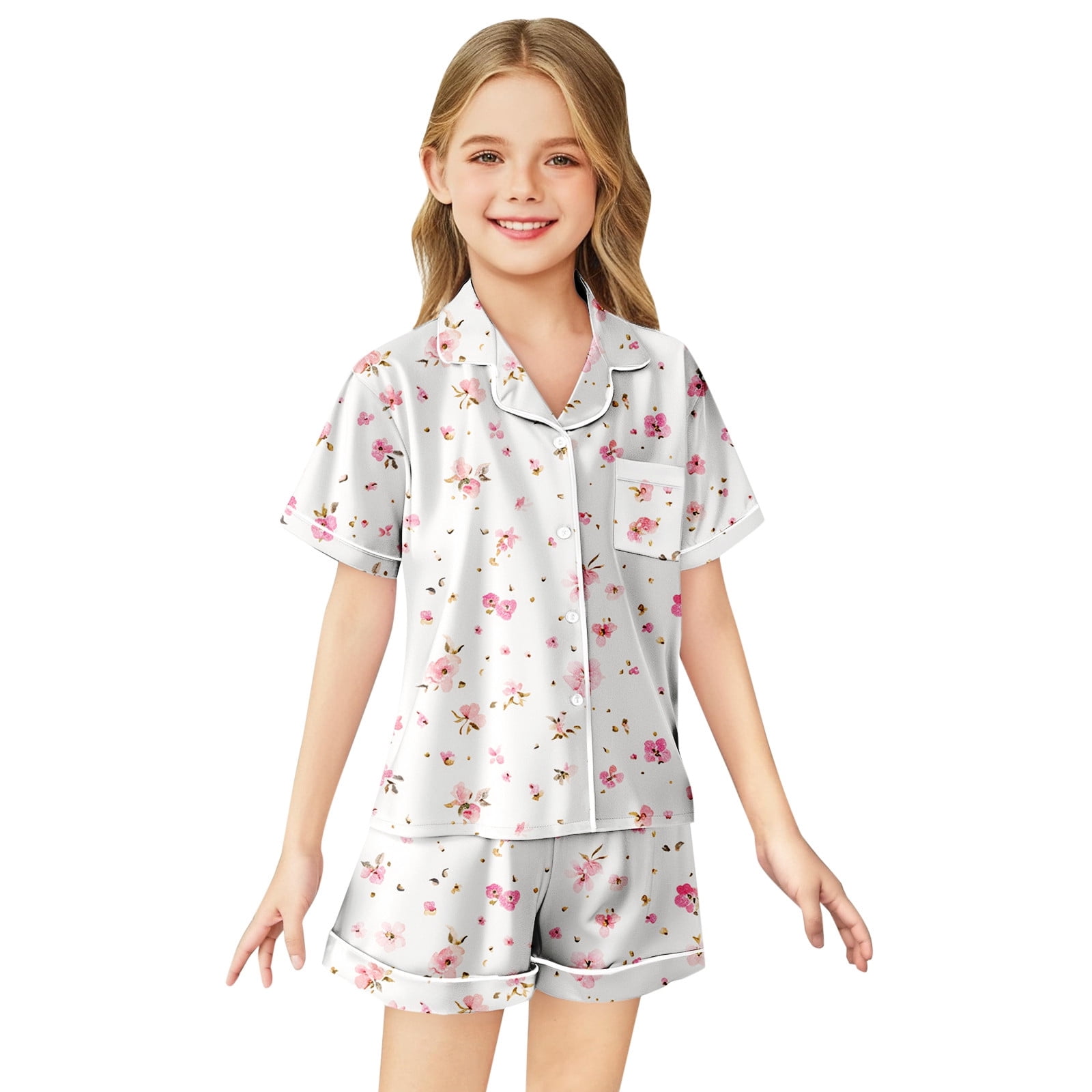 Tween Girls Pajamas Set Silk Satin Cute Print 2 Piece Set Short Sleeve ...