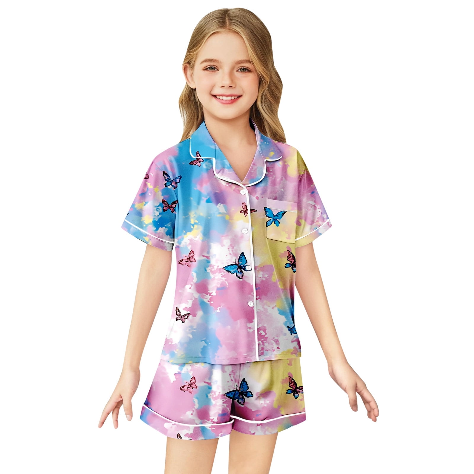 Tween Girls Pajamas Set Silk Satin Cute Print 2 Piece Short Sleeve ...
