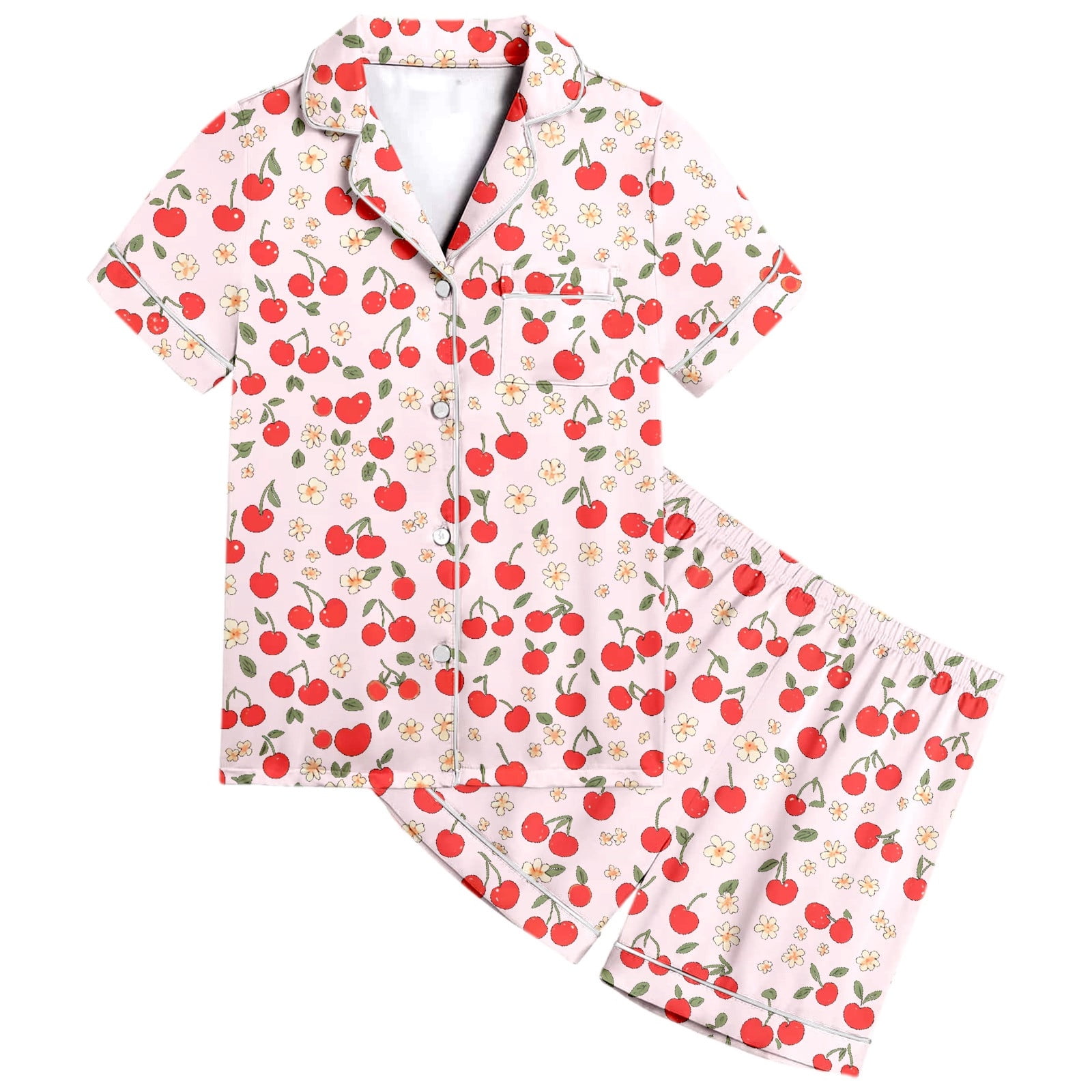 Tween Girls Pajamas Set Silk Satin Fruit Print 2 Piece Set Short Sleeve ...
