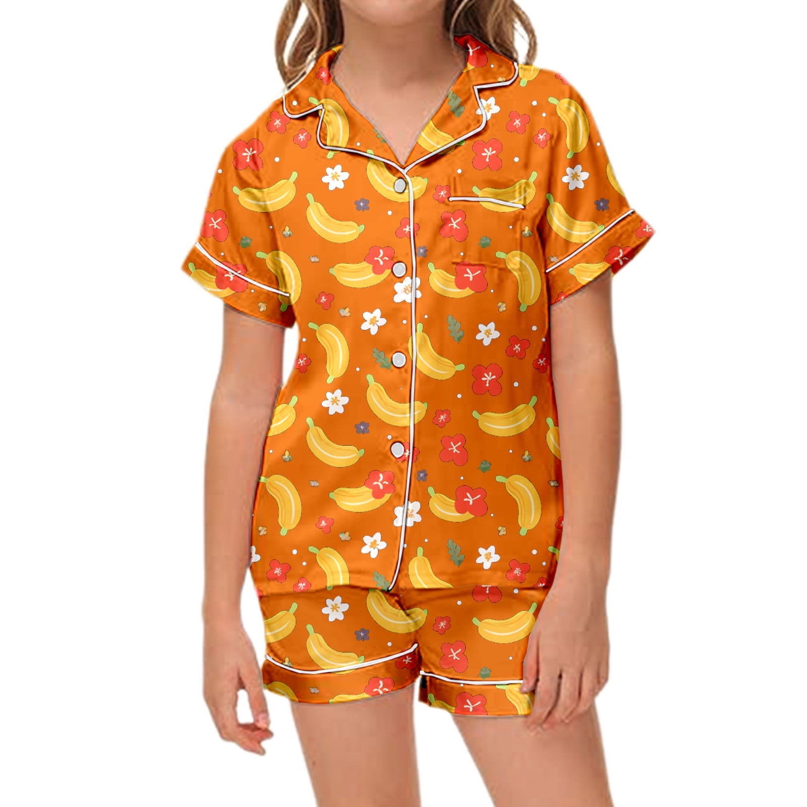 Tween Girls Pajamas Set Silk Satin Fruit Print 2 Piece Set Short Sleeve ...