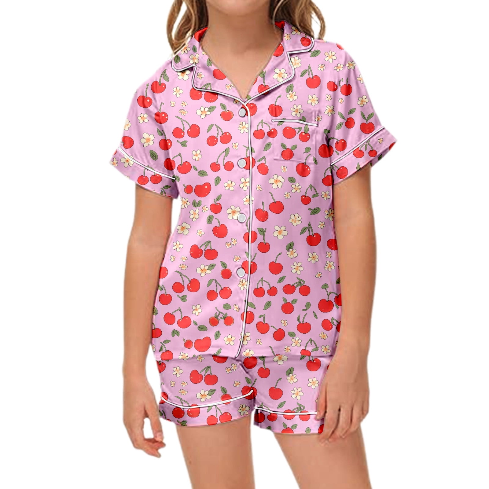 Tween Girls Pajamas Set Silk Satin Fruit Print 2 Piece Set Short Sleeve ...