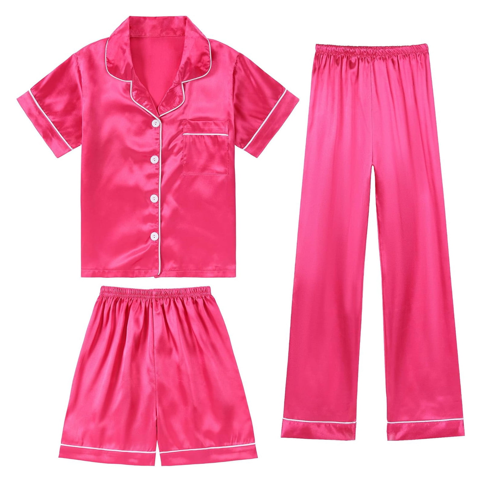 Tween Girls Satin Pajamas 3 Piece Short Sleeve Button Down Nightwear ...