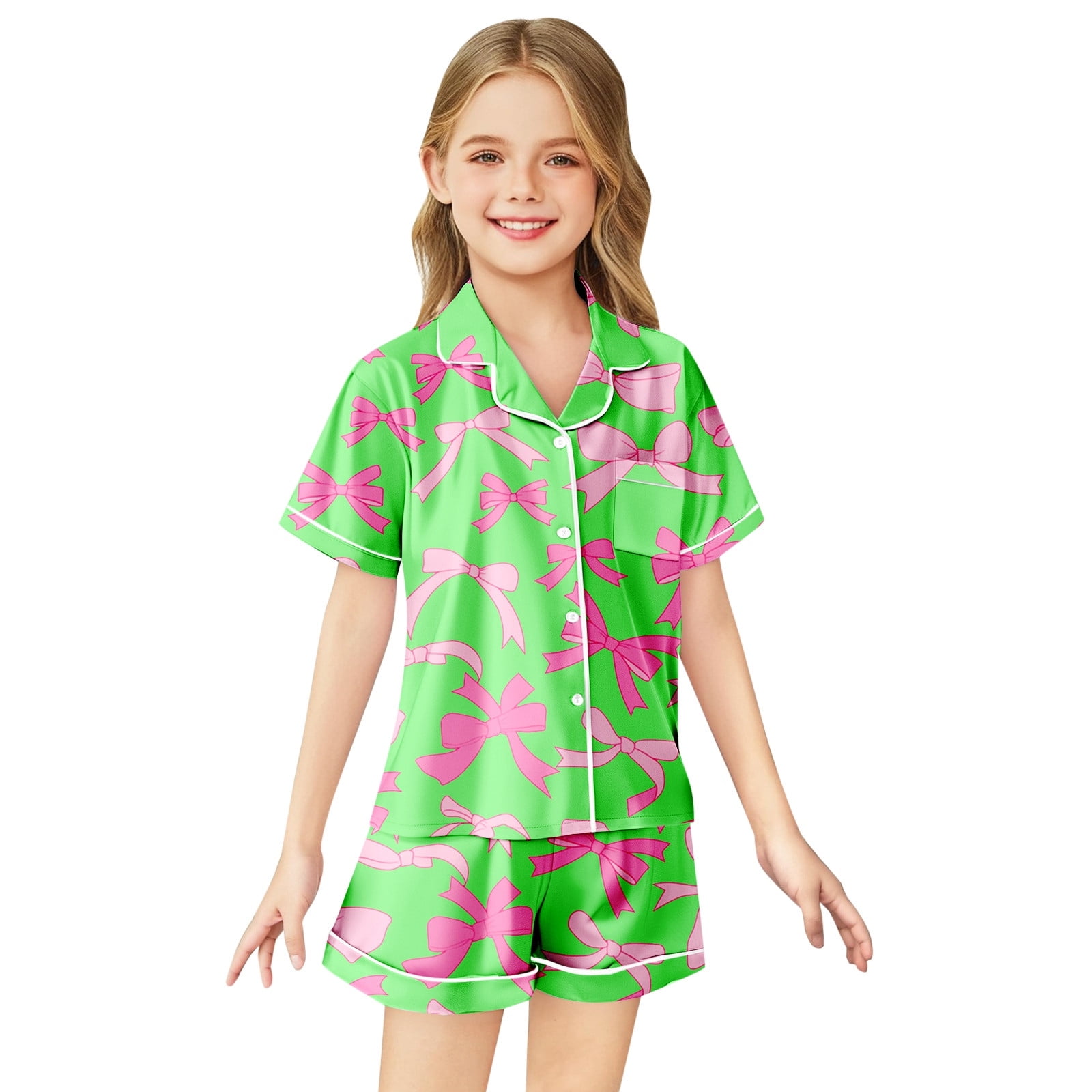 Tween Girls Satin Pajamas Bow Tie Printed 2 Piece Set Short Sleeve ...